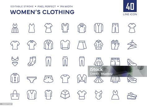 여성 의류 라인 아이콘 세트에는 드레스 재킷 스커트 데님 신발 셔츠 청바지 등의 아이콘이 포함되어 있습니다 아이콘에 대한 스톡