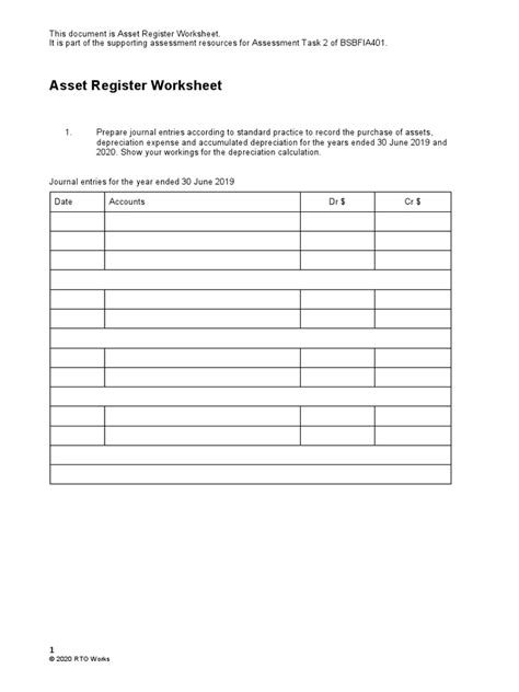 Asset Register Worksheet Pdf Debits And Credits Depreciation