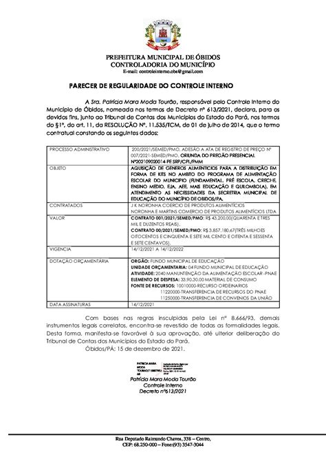 PARECER CONTROLE INTERNO FINAL Prefeitura Municipal de Óbidos Gestão