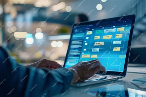 business developer using kanban board framework on laptop computer agile software development