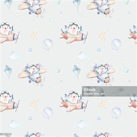 수채화 비행기 아이 원활한 패턴입니다 수채화 장난감 배경 아기 만화 귀여운 파일럿 기린 코알라 곰과 조류 항공 하늘 수송 비행기 구름코끼리 0명에 대한 스톡 벡터 아트 및