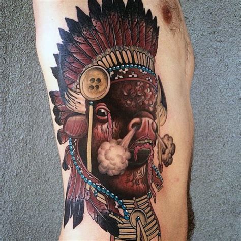 Neo Traditional Style Colored Side Tattoo Of Indian Steamy Bull With