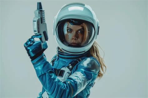 Premium Photo Beautiful Blonde Astronaut In Retrofuturism Style With
