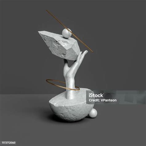 추상 조각 돌 질감 균형 개념 손 동상은 기하학적 박물관 조각 요소를 보유하고 정물 3d 렌더링 조각에 대한 스톡 사진 및 기타 이미지 Istock