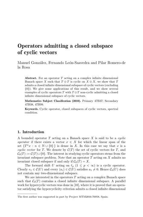 Pdf Operators Admitting A Closed Subspace Of Cyclic Vectors