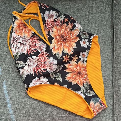 Maaji Swim Maaji Flower Yellow Reversible Swim Suit One Piece Large