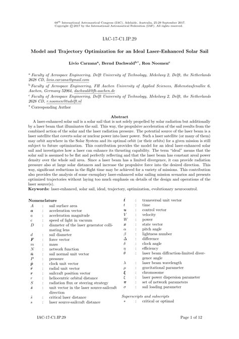 Pdf Model And Trajectory Optimization For An Ideal Laser Enhanced Solar Sail
