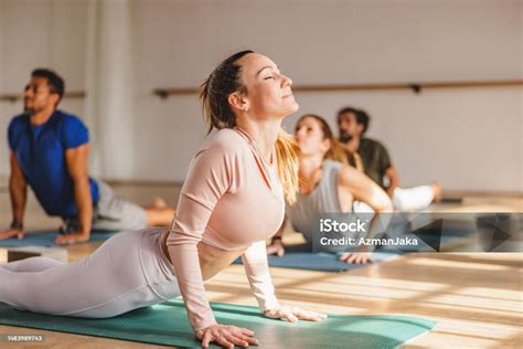 눈을 감고 있는 매력적인 여성이 자연광이 들어오는 아름다운 스튜디오에서 요가 수업 중 코브라 포즈를 취하고 있다 요가에 대한 스톡 사진 및 기타 이미지 Istock