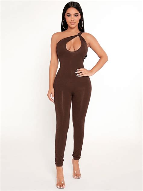 Cut Out Knot Detail One Shoulder Unitard Jumpsuit Stylish Jumpsuit