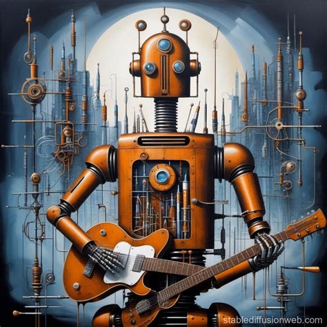 Syringe Metropolis With Rusty Guitar Playing Robot Stable Diffusion