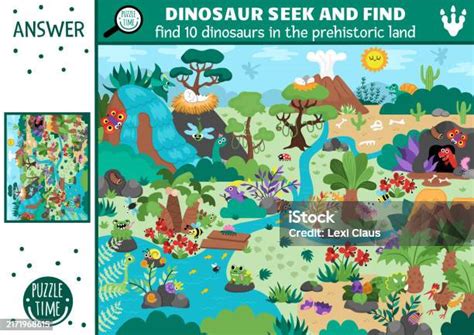 선사 시대 풍경과 함께 벡터 공룡 검색 게임 사진에서 숨겨진 도노를 찾으십시오 고대 세계는 티라노사우루스 트리케라톱스 스테고사우루스를 가진 아이들을 위한 교육용 인쇄 가능한