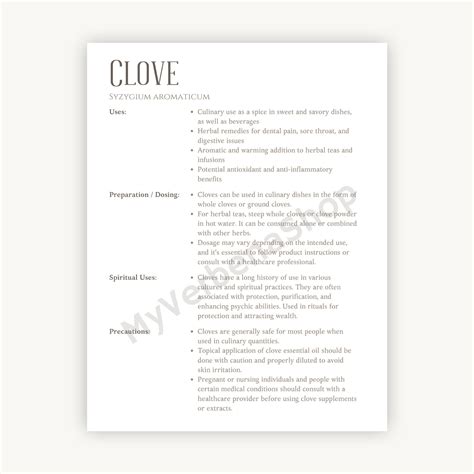 Clove Herbal Printable Detailed Plant Guide And Uses Spiritual