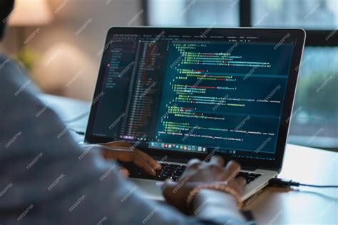 Software Developer Coding On Laptop With Realtime Feedback In Modern Workspace Premium Ai