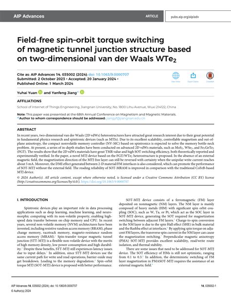 Pdf Field Free Spinorbit Torque Switching Of Magnetic Tunnel