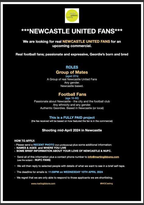 NEWCASTLE UNITED FANS Looking For Real NEWCASTLE UNITED FANS For An Upcoming Commercial Real