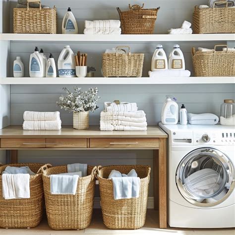 A Tidy Laundry Room With Labeled Baskets And Shelves Premium Ai