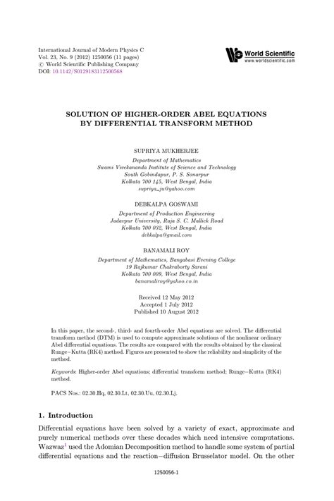 Pdf Solution Of Higher Order Abel Equations By Differential Transform