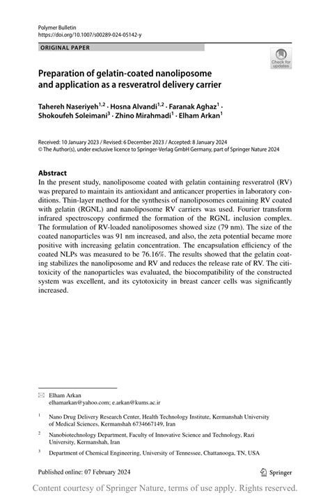 Preparation Of Gelatin Coated Nanoliposome And Application As A