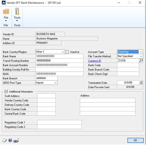Dynamics GP Essentials Vendor EFT Bank Details SQL Script