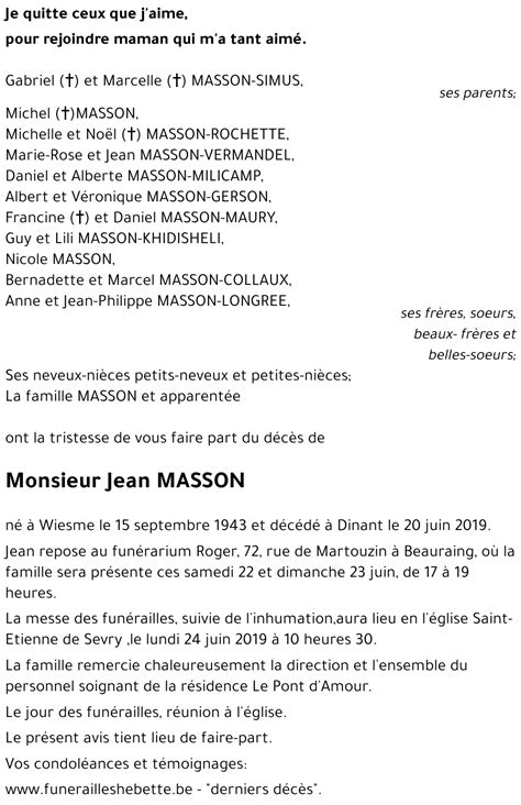 Avis De Décès De Jean Masson Décédé Le 20062019 à Dinant Annonce