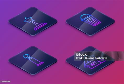 아이소메트릭 라인 영화 트로피 트로피 골든 글로브 골판지 상자에 팝콘 및 시네마 티켓을 설정합니다 파란색 사각형 버튼입니다 벡터 3차원 형태에 대한 스톡 벡터 아트 및 기타