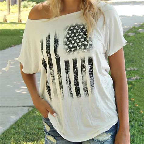Women T Shirt Flag Star Print Stripe Top Asymmetrical Neck Off One