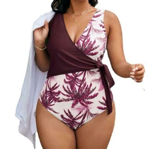 Buy Plus Curvves Plus Tropical Print Knot Side One Piece Swimsuit Red