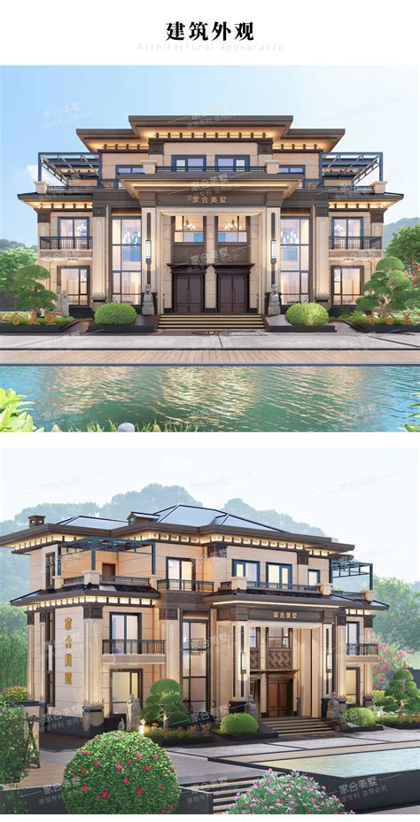 家合美墅j63001六开间新中式挑空客厅双拼农村自建别墅 湖南家合美墅空间设计有限公司