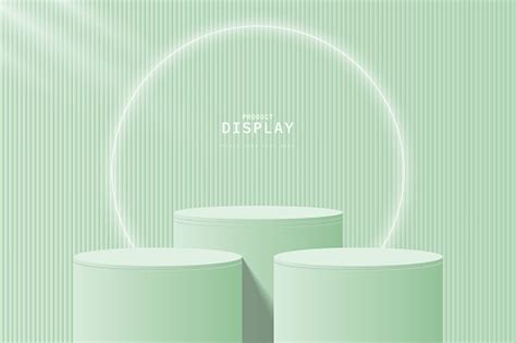 녹색 3d 실린더 연단 받침대 또는 제품 디스플레이는 빛나는 네온 불빛 링과 수직 배경으로 사실적입니다 모형 또는 제품 디스플레이 프레젠테이션을 위한 최소한의 벽 장면 주연