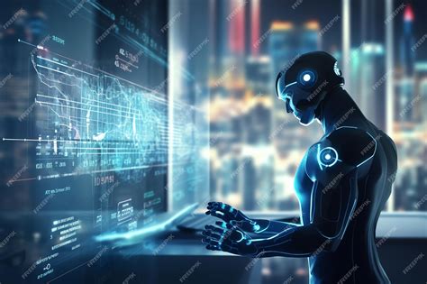 Premium Photo Futuristic Human Robot Computer Screen Data Analytic