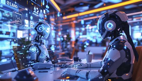 Robots Collaborating In A Futuristic Office With Holographic Displays And Advanced Technology