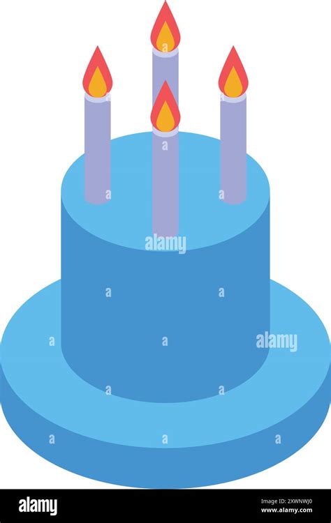 Blue Birthday Cake With Four Burning Candles Is Shown In This Isometric