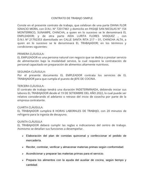 Contrato De Trabajo Jefe De Cocina Aida Vasquez Lurita Pdf