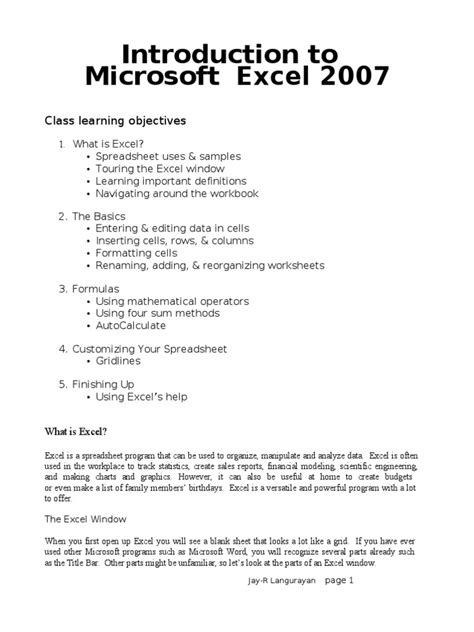 introduction to ms excel 2007 pdf microsoft excel spreadsheet