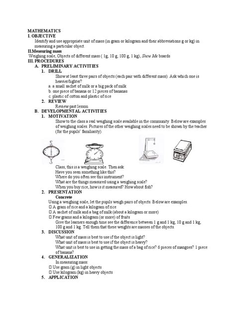 Lesson Plan In Math Pdf Weight Weighing Scale
