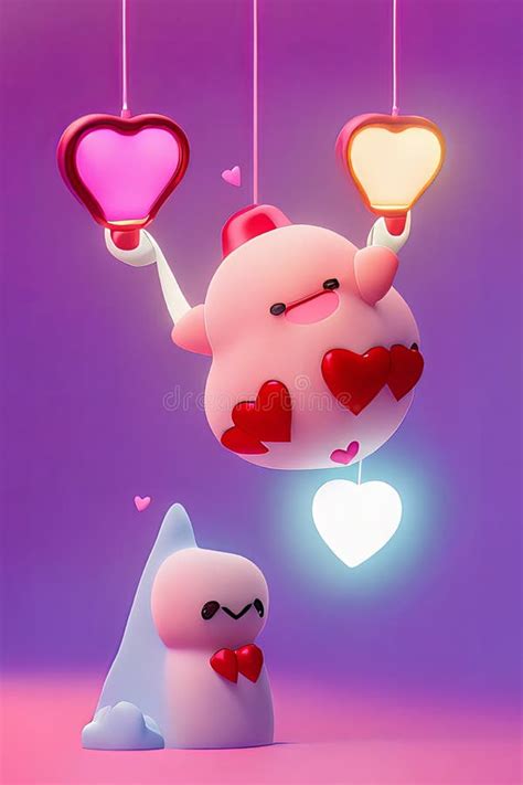 Lamps With Glowing Hearts Background For Valentine Love With Character