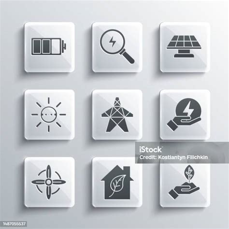 친환경 주택 손에 식물 번개 전기 타워 풍력 터빈 태양 에너지 패널 배터리 및 아이콘을 설정하십시오 벡터 계기판 측정기에 대한 스톡 벡터 아트 및 기타 이미지 Istock