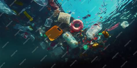 해양 수중 플라스틱 폐기물 및 쓰레기 해양 오염 프리미엄 사진