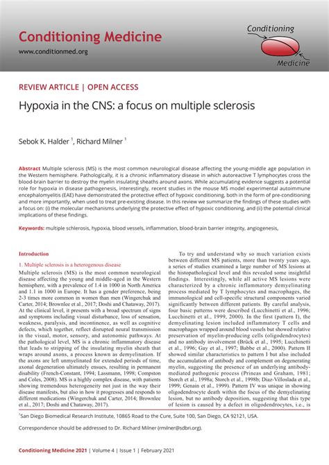 Pdf Hypoxia In The Cns A Focus On Multiple Sclerosis
