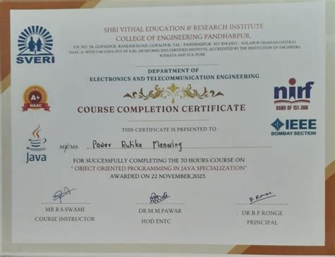 Completed Object Oriented Programming Course At Shri Vitthal Rutika