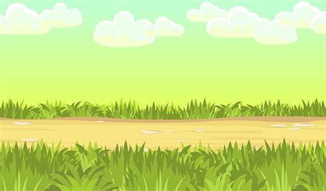 원활한 모래 도로 수평 테두리 구성 여름 초원 풍경 육즙이 많은 잔디 시골 소박한 풍경 만화 디자인 플랫 스타일 아트 일러스트 벡터 초목에 대한 스톡 벡터 아트 및 기타