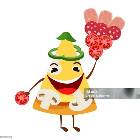 피자 캐릭터 마스코트 피자 가게 벡터 삽화에 대 한 재미있는 요소 상자에 맛있는 페퍼로니 스낵과 함께 맛있는 저녁 식사 개념에