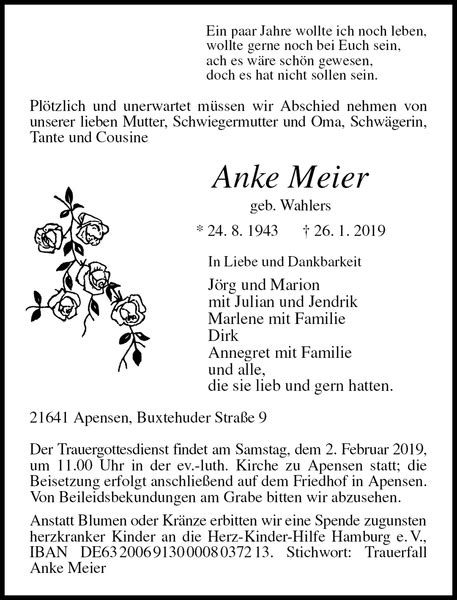 Anke Meier Traueranzeige Stader Tageblatt