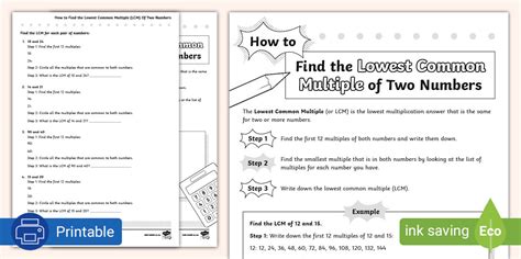 How To Find The Lowest Common Multiple Lcm Of Two Numbers Activity Sheet