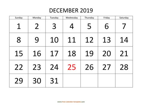 Dec 2019 Calendar Printable