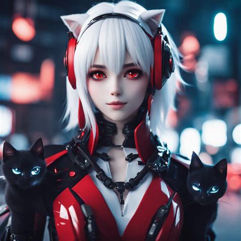 Gothic Red Eyes White Hair Anime Robotic Cat By Akimetallic4sharkii On