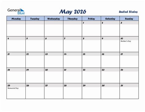 May 2026 Monthly Calendar Template With Holidays For United States