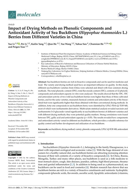 Pdf Molecules Impact Of Drying Methods On Phenolic Components And Antioxidant Activity Of Sea