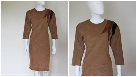 Vintage 1970s Tan Brown Nude 34 Sleeves Midi Length Dress With