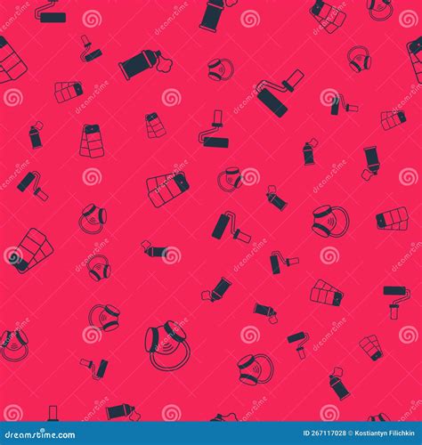 Set Gas Mask Paint Spray Can Color Palette Guide And Roller Brush On Seamless Pattern Vector